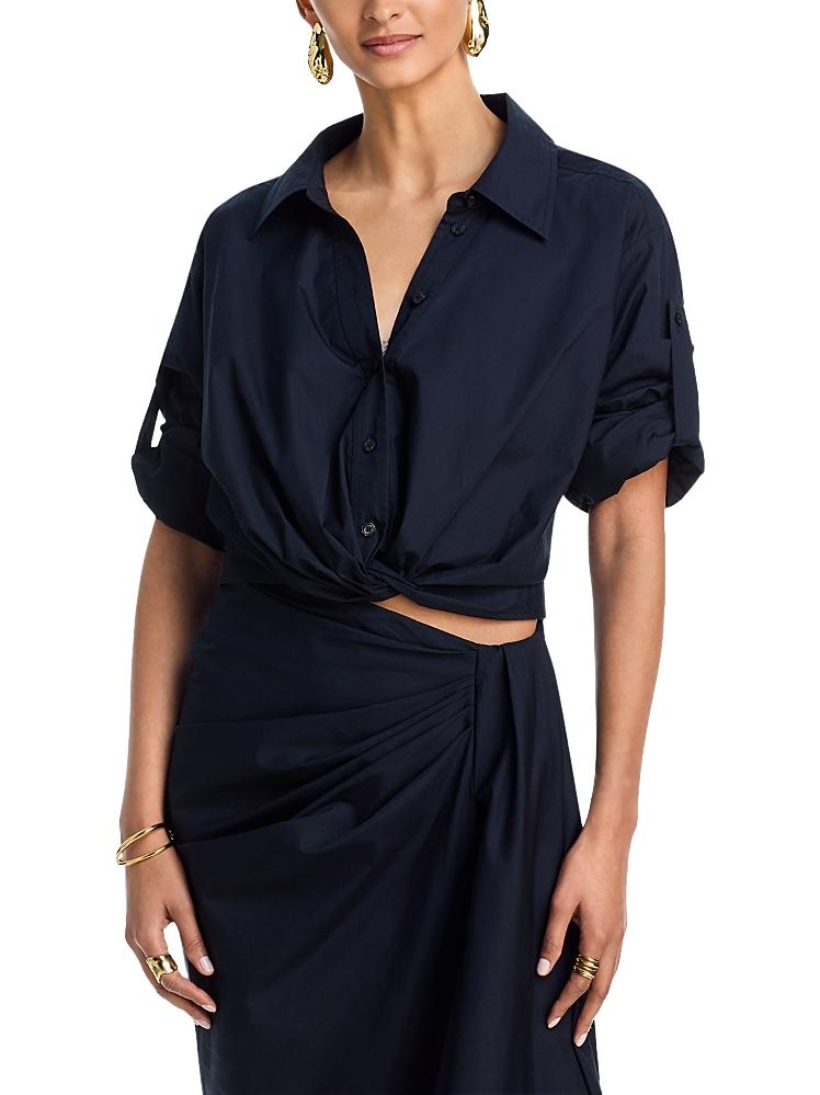 HANITA high-waisted asymmetrical midi skirt in faux leather